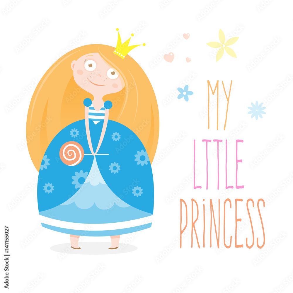 Card with cute cartoon princess. Litte girl and candy. Beautiful child ...