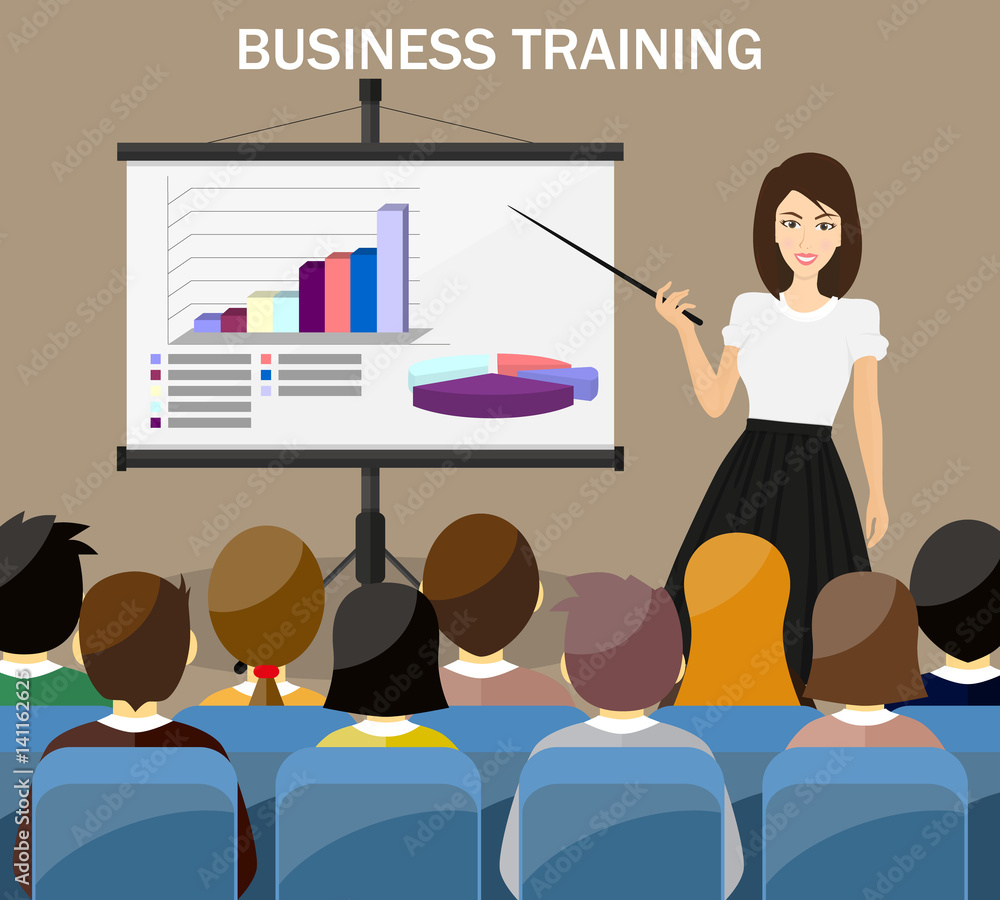 Businesswoman making presentation explaining charts on a white board ...