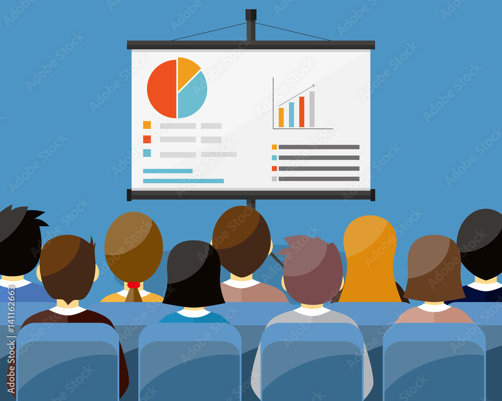 projector screen with financial report. Training staff, meeting, report ...