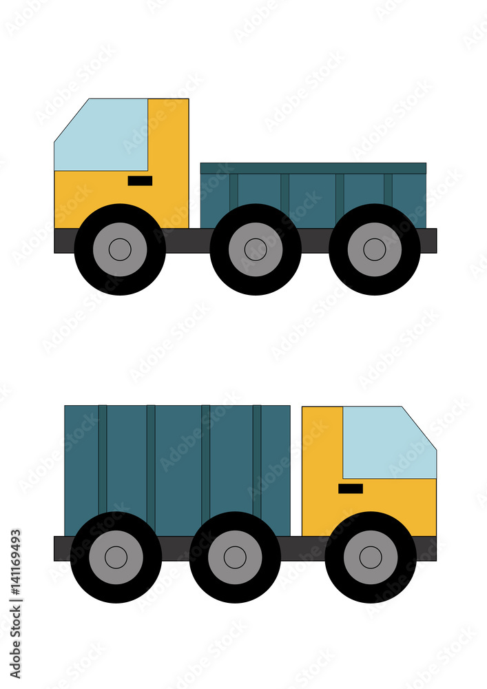 Collection of the yellow and blue lorry. Vector illustration, isolated ...
