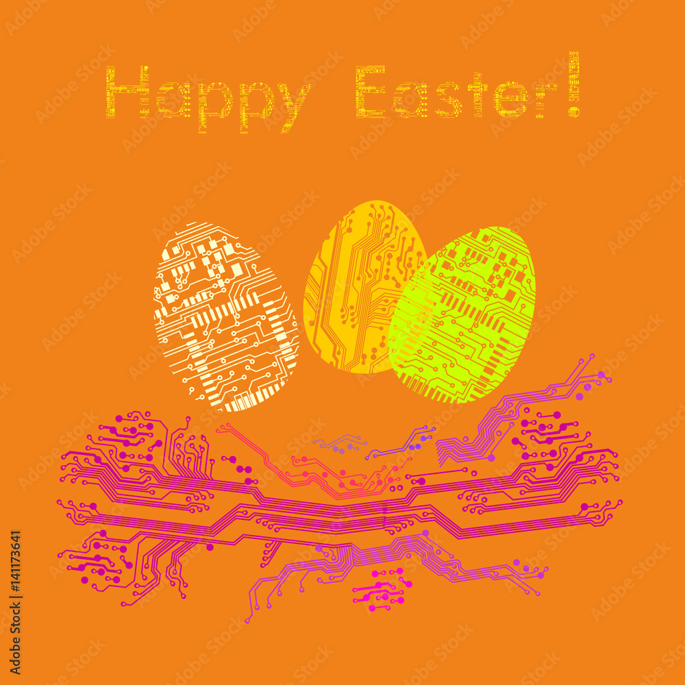 Easter eggs in nest in circuit board style. Happy Easter greeting card ...