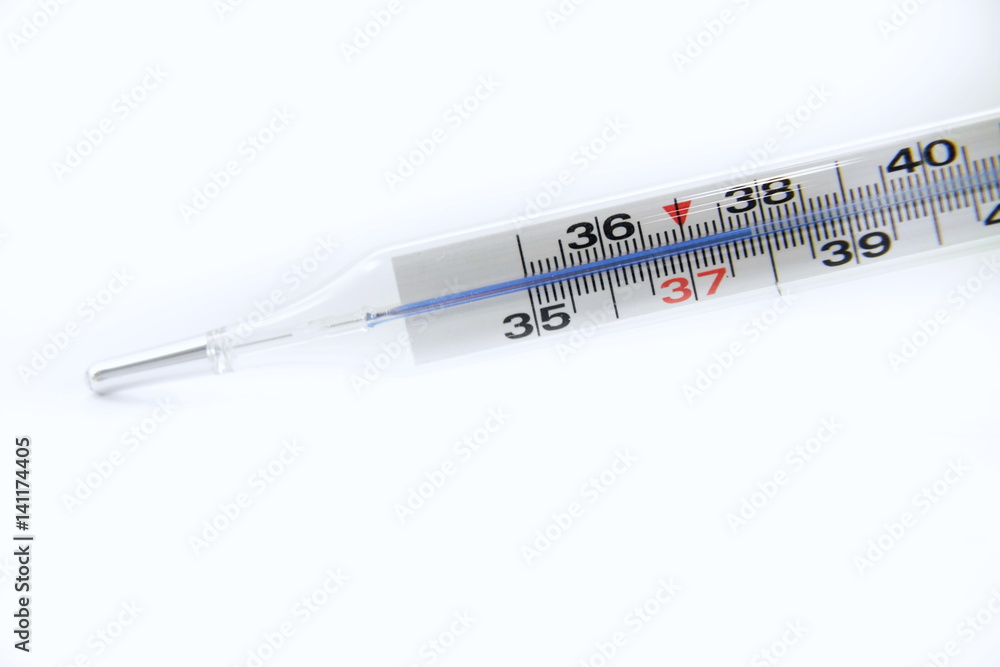 Medical thermometer indicating temperature 37.8 Celsius degrees ...