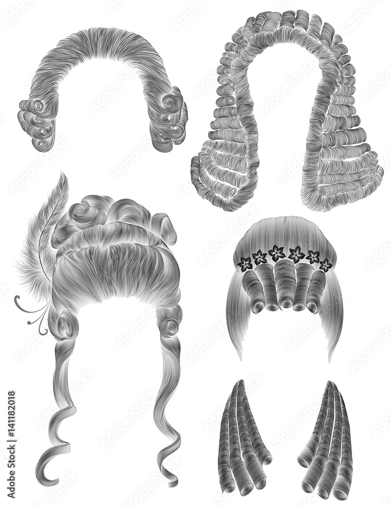 set woman and man hairs . black pencil drawing sketch . medieval style ...