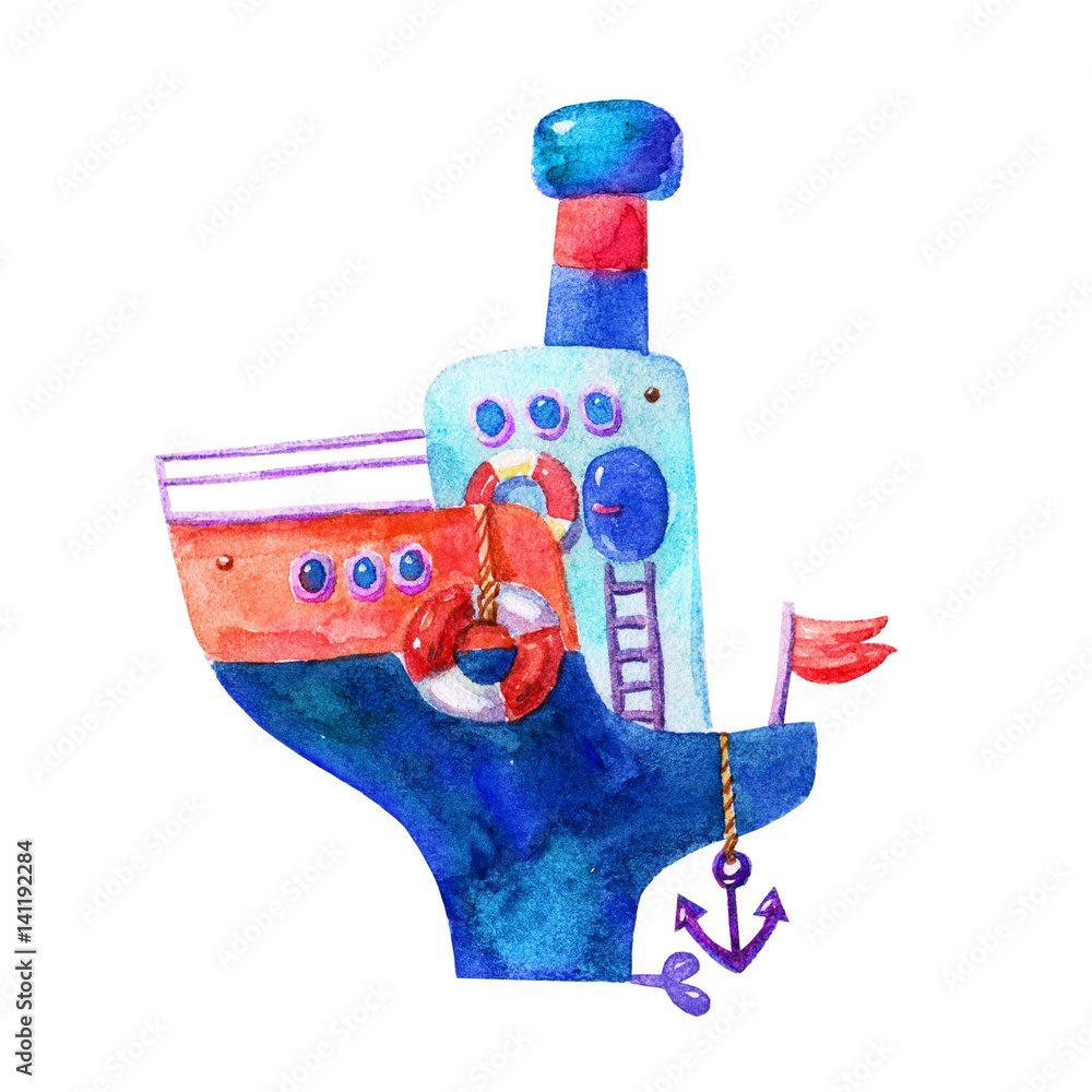 Cartoon Watercolor boat with motor isolated on white background. Hand ...
