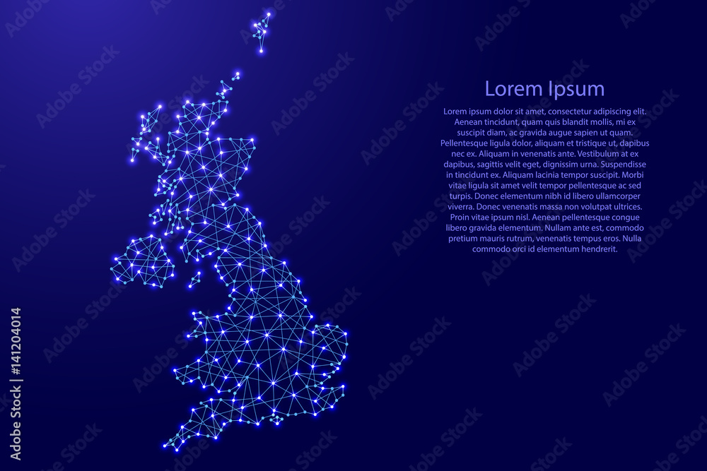 Map of United Kingdom from polygonal blue lines and glowing stars ...