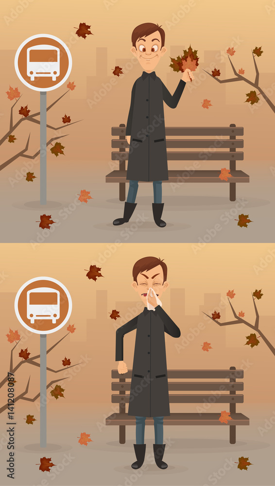 Happy and sad man character. Autumn season. Vector flat cartoon ...