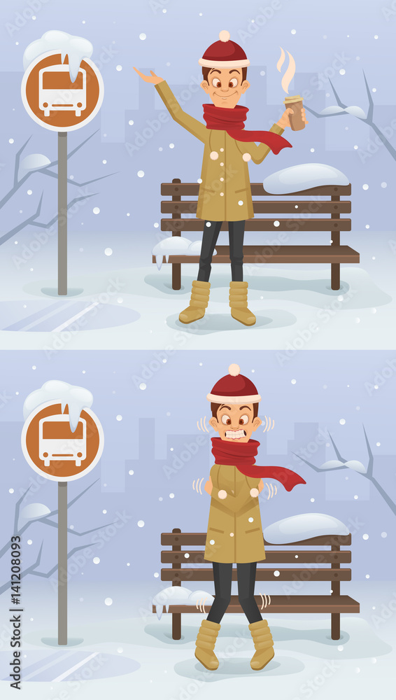 Happy and sad man character. Winter season. Vector flat cartoon ...
