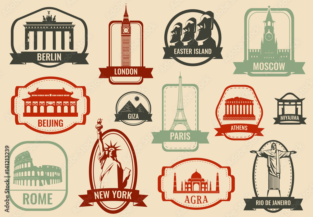 Famous monuments and landmarks collection labels. Travel and Tourism ...