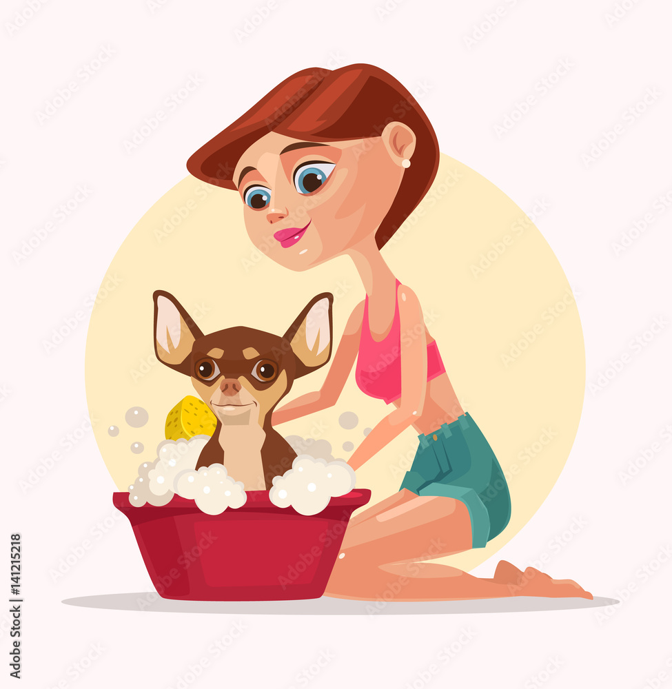 Happy smiling dog character takes bath with woman owner. Vector flat ...