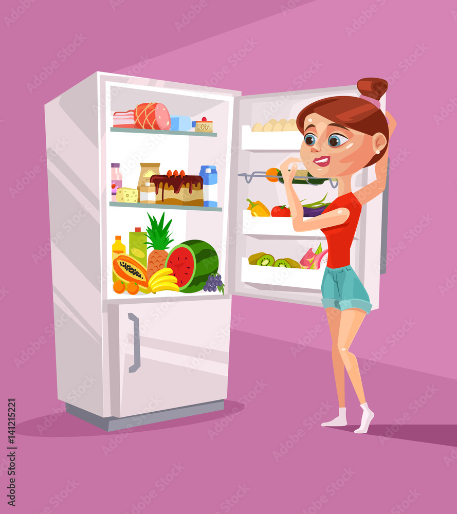 Woman character near refrigerator thinking what to eat. Vector flat ...