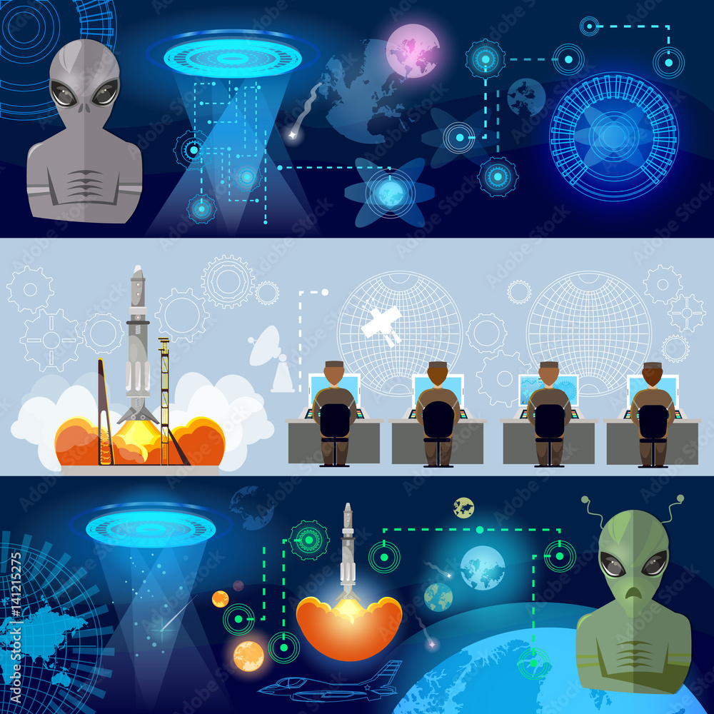 UFO banner, kidnapping aliens in space. First contact with aliens ...