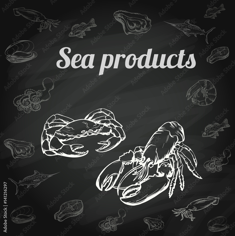 Seafood concept on chalkboard. Template with fish silhouettes for menu ...