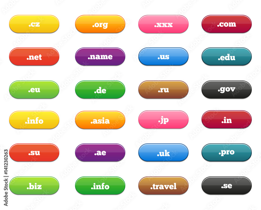 Big set of round rectangle shiny button with domain names of different ...