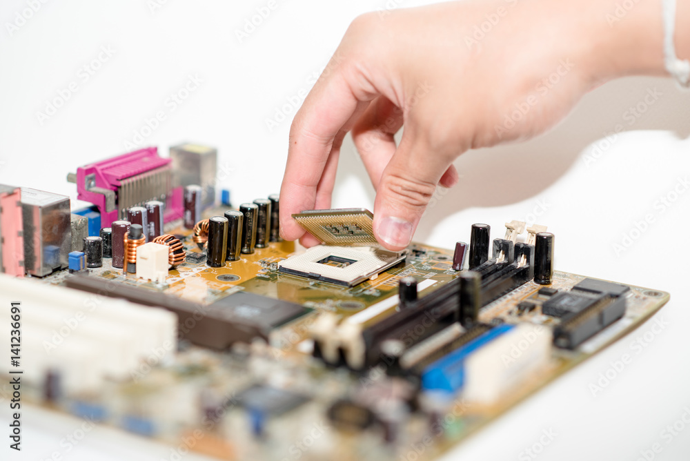 Main board computer motherboard cpu close up ic surface mount device on ...