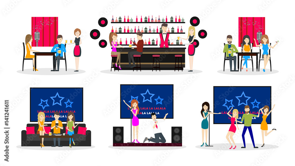 Karaoke bar interior set. Bar and scene, dance hall and visitors ...