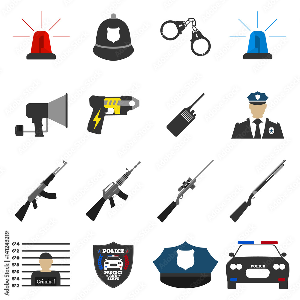 16 flat police icon. Protect and serve label. Vector Illustration ...