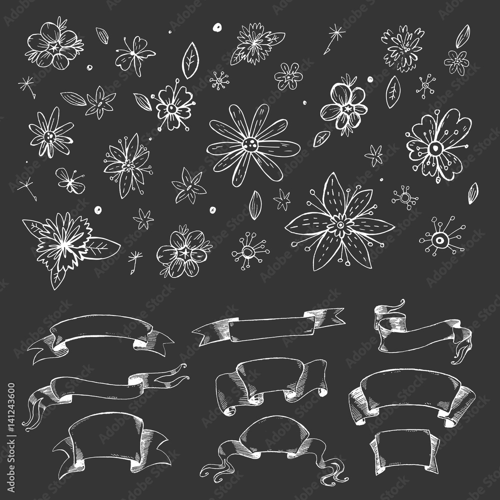 Vector doodle vintage hand drawn flowers on the chalkboard Stock Vector ...