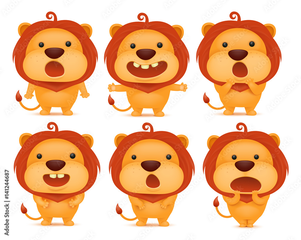 Collection of funny lion emoticon characters in different emotions ...
