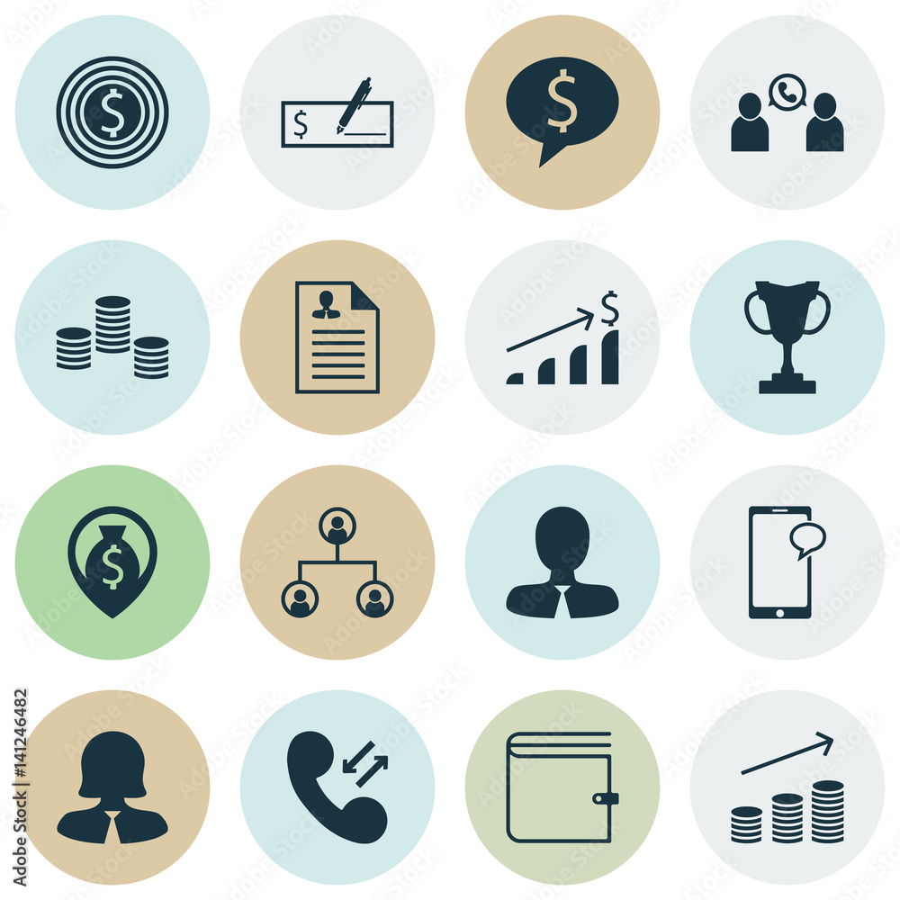 Set Of 16 Human Resources Icons. Includes Business Deal, Coins Growth ...