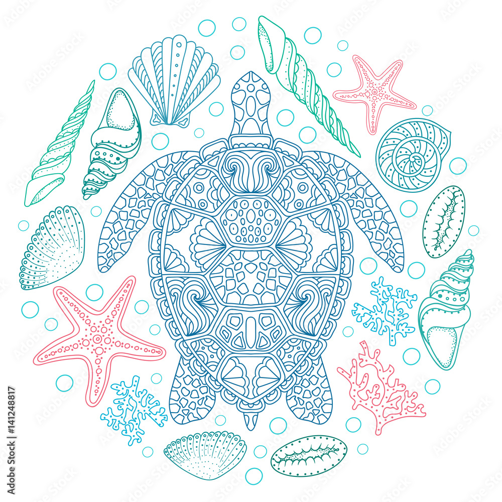 Sea turtle and shells, seastar, coral in line art style. Hand drawn ...