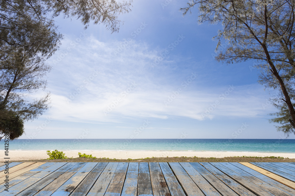 Wood floor with tree on Tropical beach,beautiful scenery background for ...