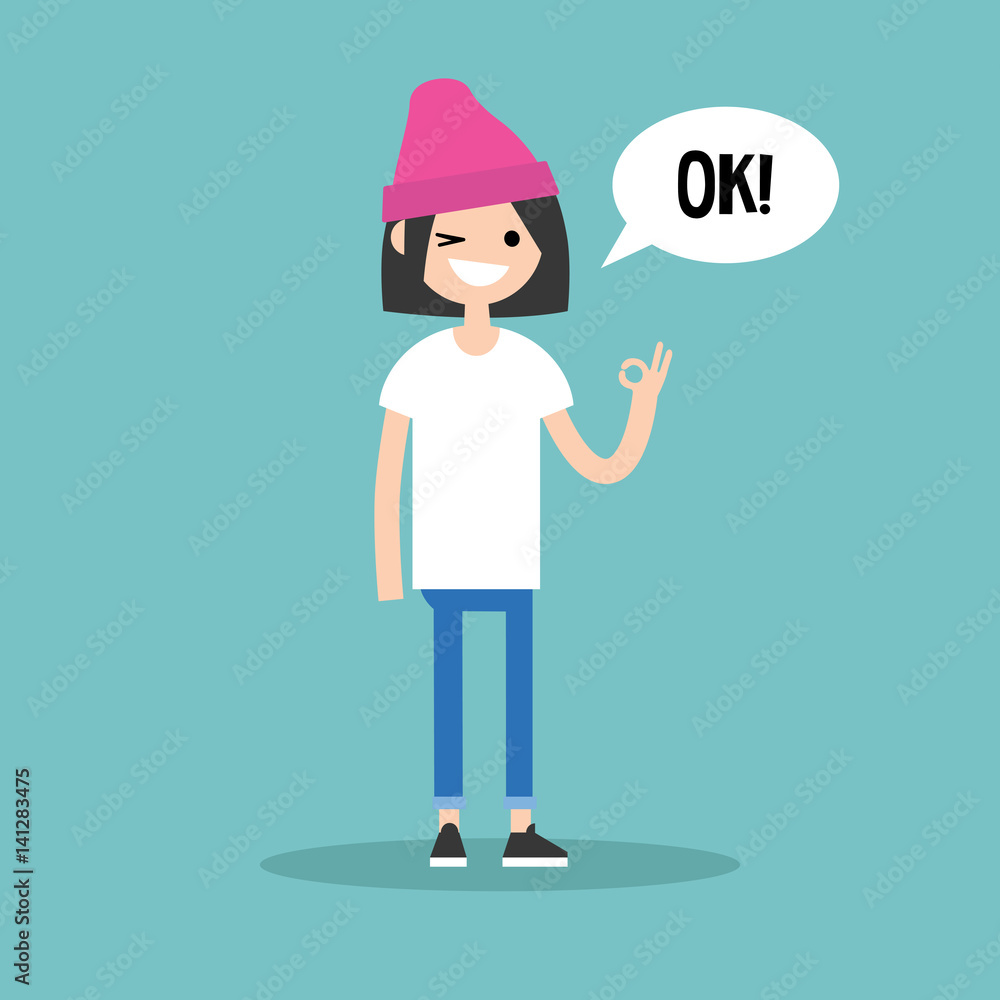 Smiling winking brunette girl says "ok" / Flat vector illustration ...