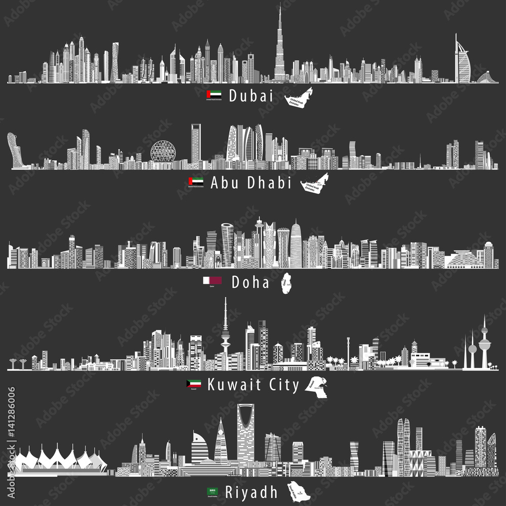 Dubai, Abu Dhabi, Doha, Riyadh, Kuwait cities skylines at night in grey ...