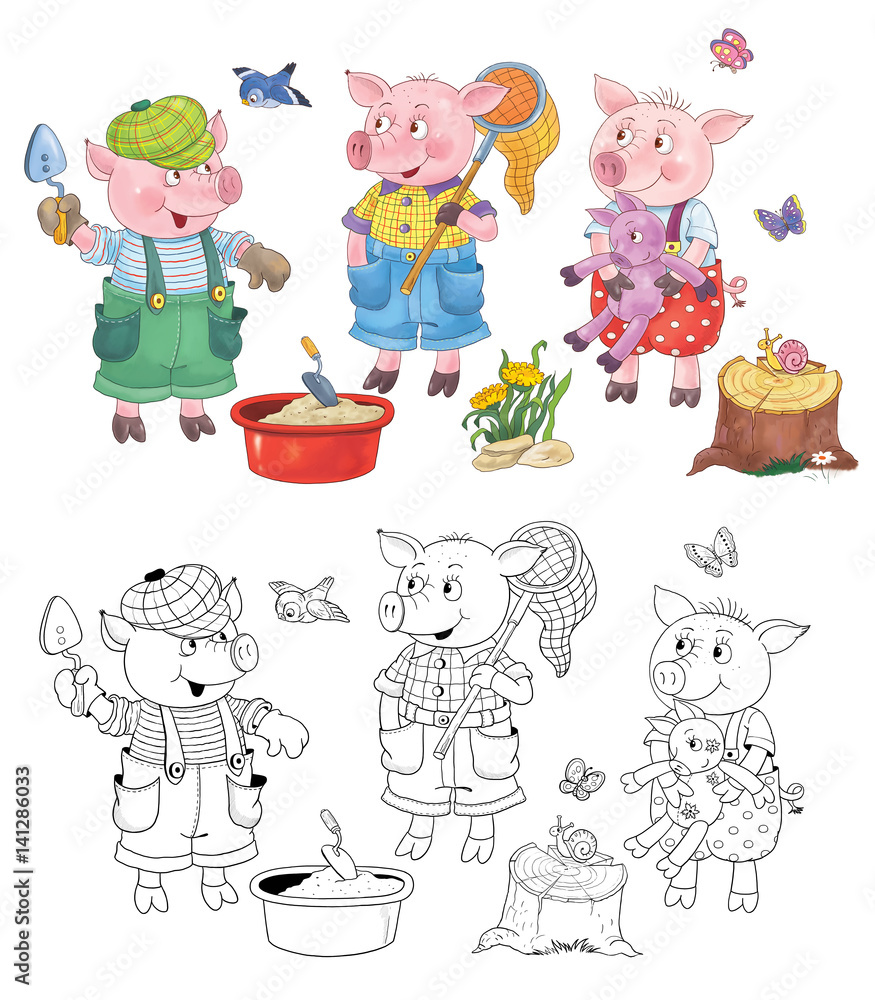 Three little pigs. Fairy tale. Illustration for children. Cute and ...