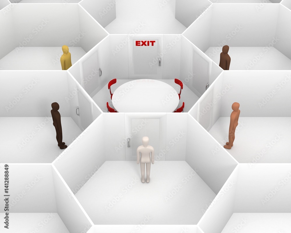 Five people standing around the closed white room with round table and ...