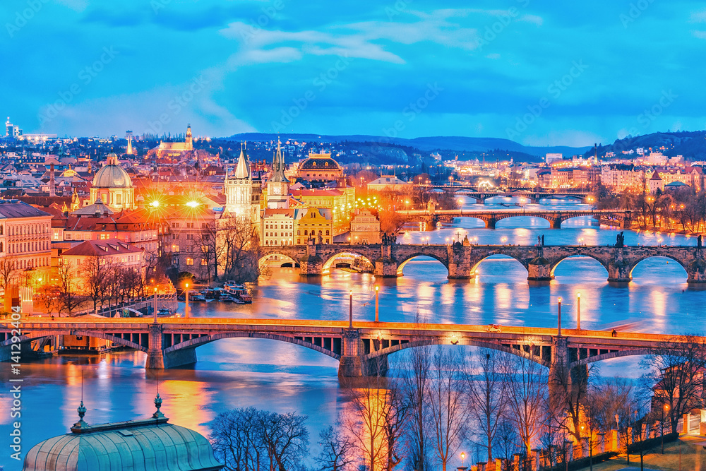 Prague at Twilight, view of Bridges on Vltava. Panorama view at Vltava ...