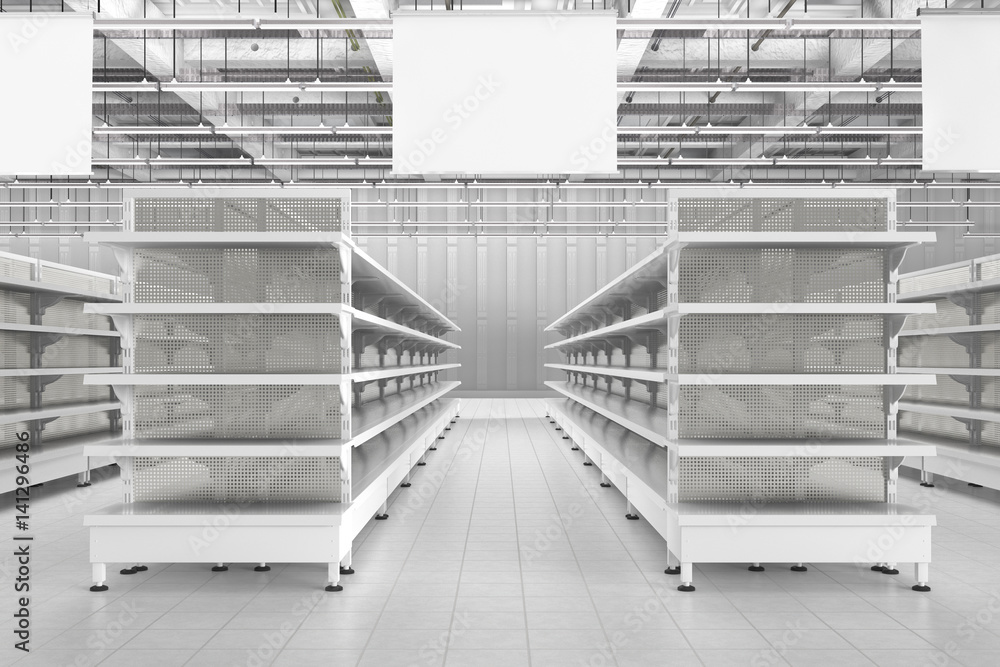 Store interior with empty supermarket shelves Stock Illustration ...