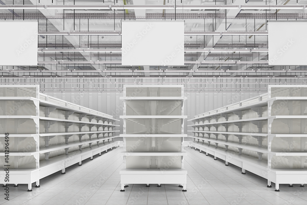 Store interior with empty supermarket shelves Stock Illustration ...