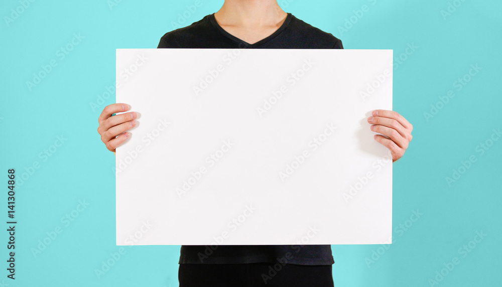 Man showing blank white big A2 paper. Leaflet presentation. Pamphlet ...