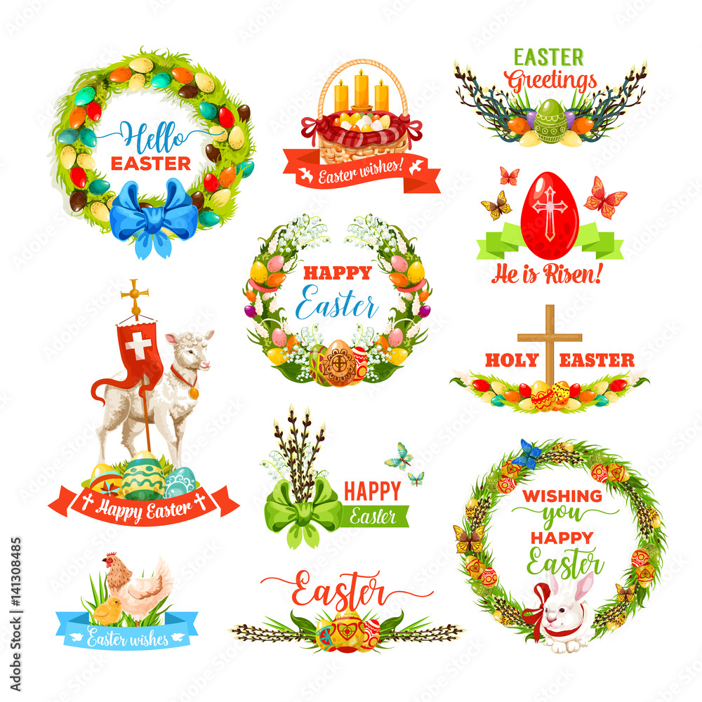 Easter icon set with cartoon holiday symbols Stock Vector | Adobe Stock