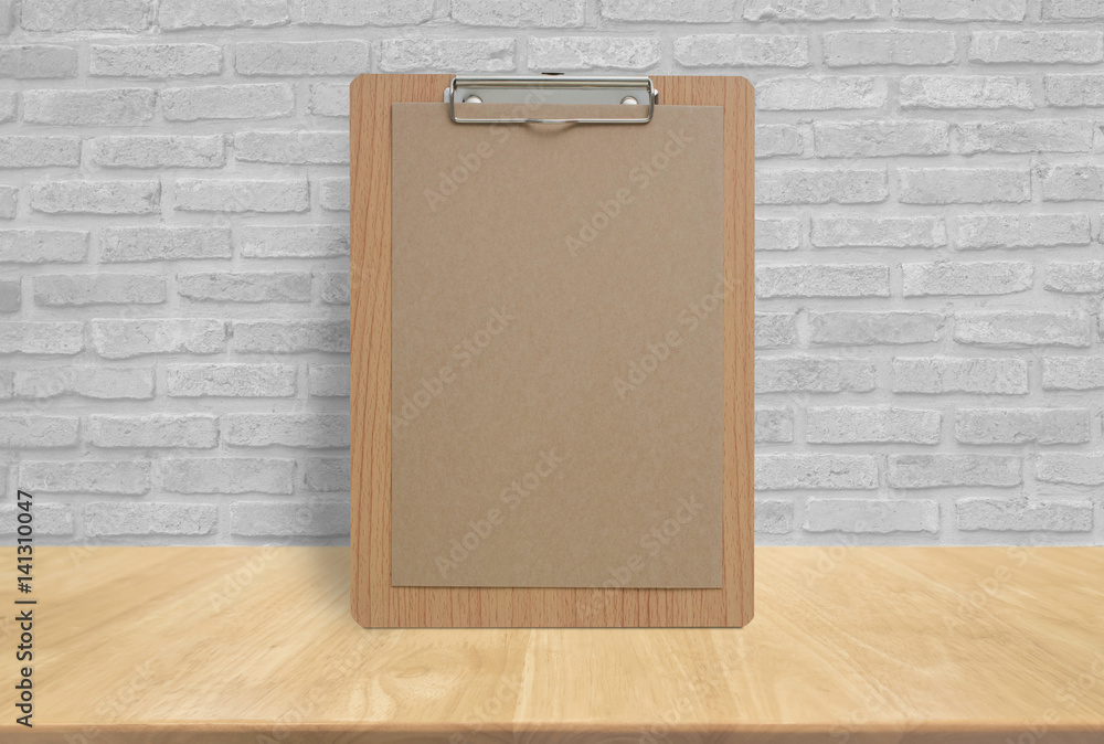 Blank Eco paper notepad on wood table top at brick wall,Template mock ...