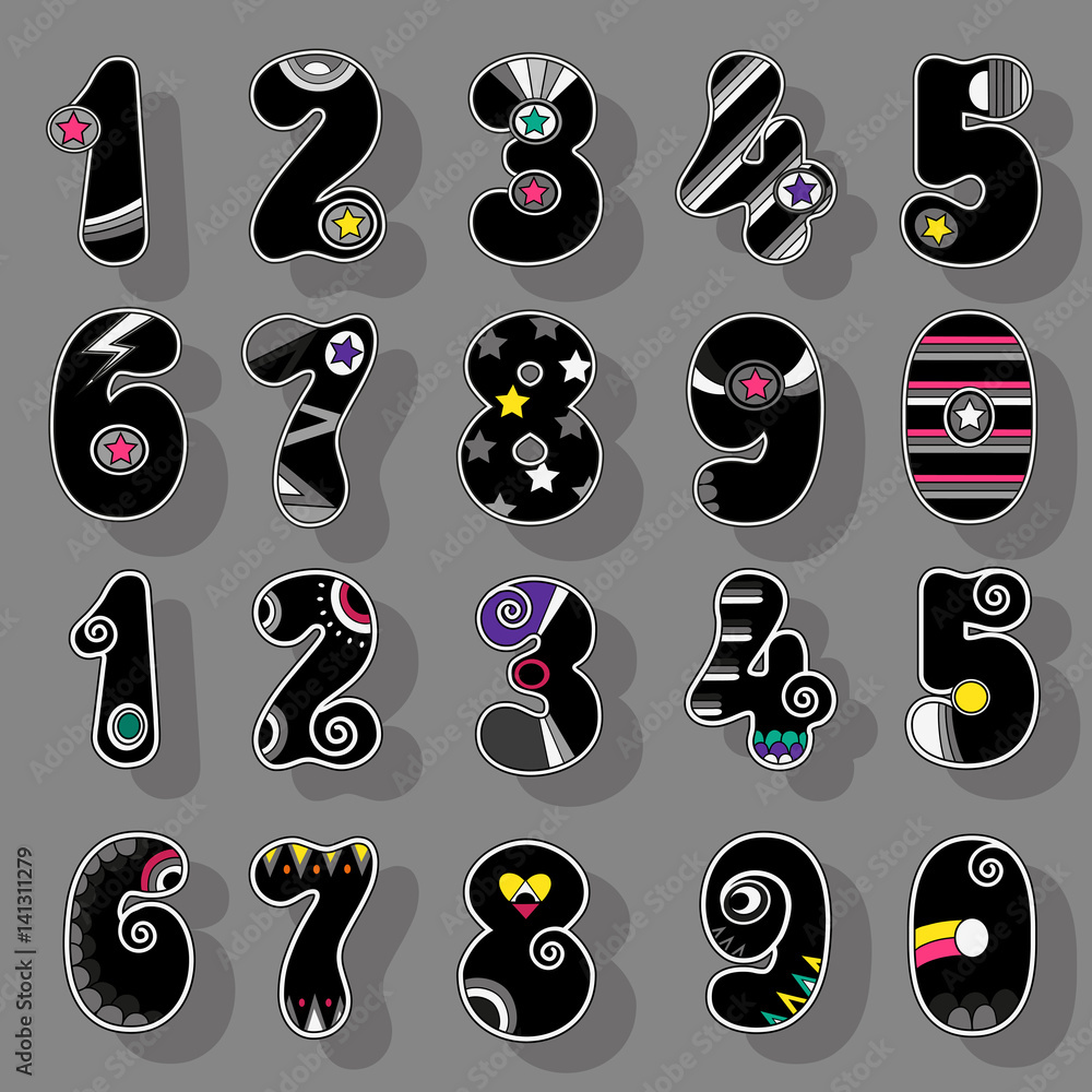 Numbers Set. Black Signs with Bright Decor Stock Vector | Adobe Stock