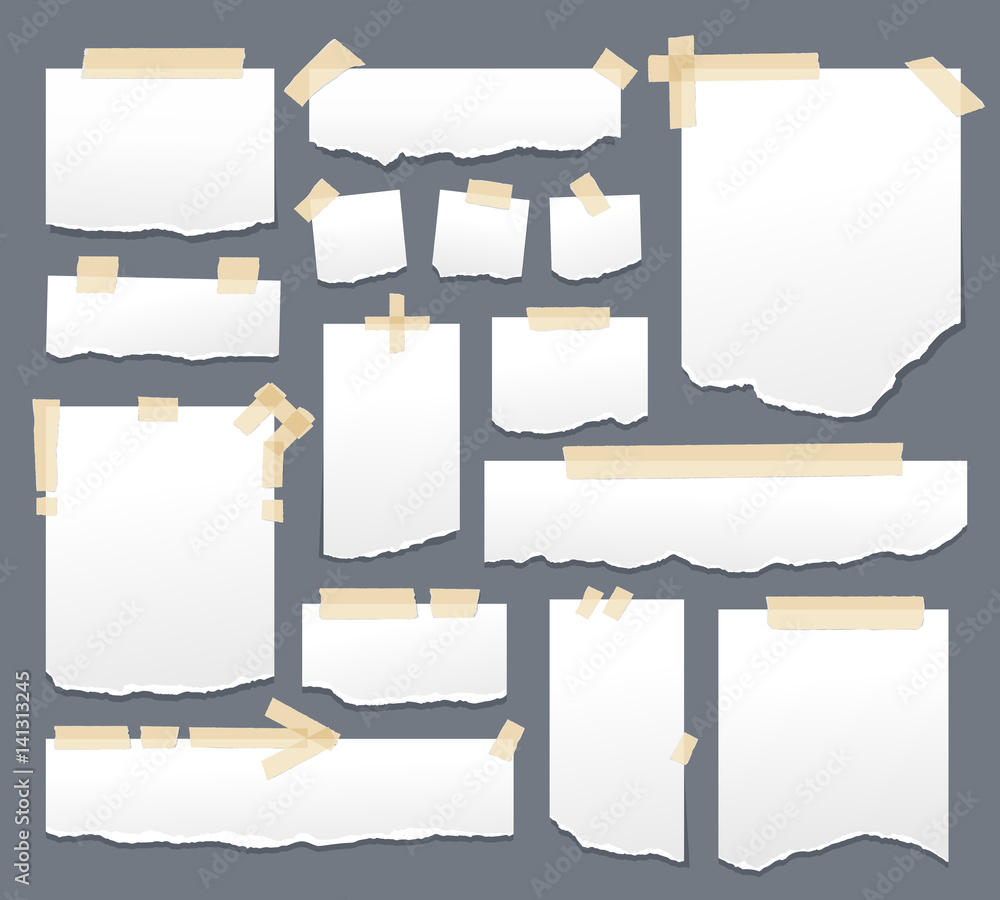White paper sheets with scotch tape set. Sticky papers with adhesive ...