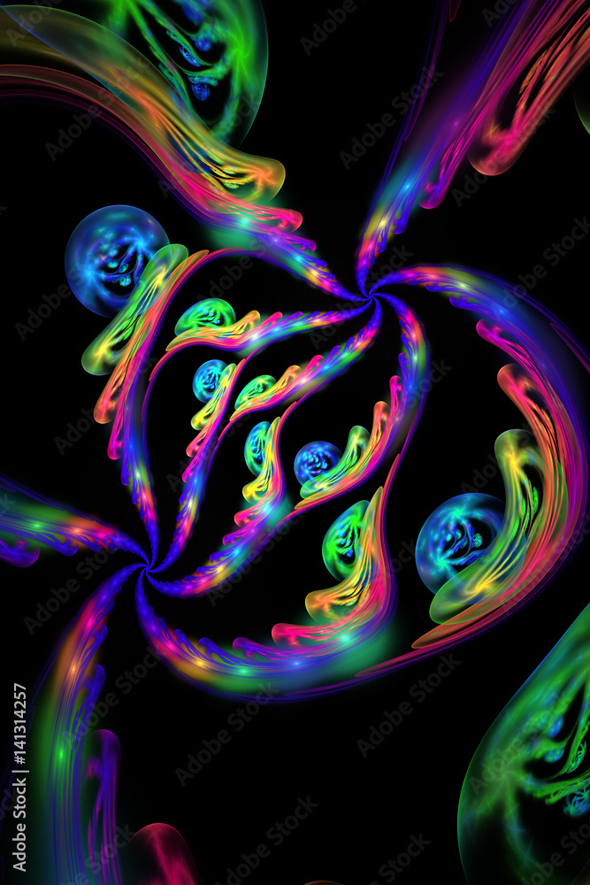 Abstract rainbow shapes on black background. Fantasy fractal design ...