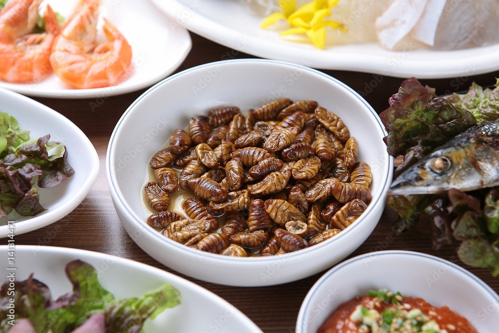 Korean style side dish. beondegi, steamed silkworm chrysalis 번데기 Stock ...
