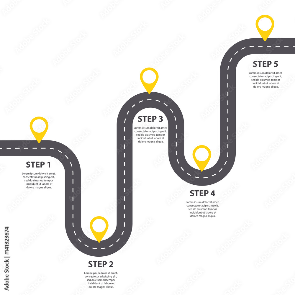Infographic template. Five steps Winding asphalt road with pin-pointers ...