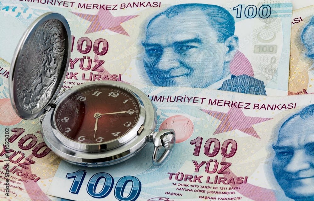 Time is money concept, traditional pocket watch on Turkish lira ...