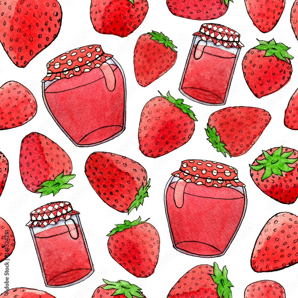 Hand drawn watercolor jam and strawberry seamless pattern on the white ...