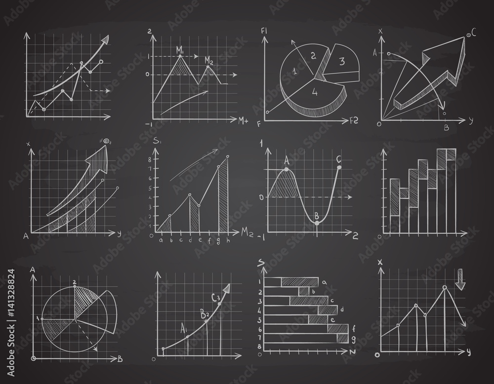 Hand drawing business statistics data graphs, social charts, chalk ...