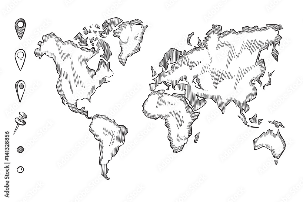 Hand drawn, rough sketch world map with doodle pins Stock Vector ...