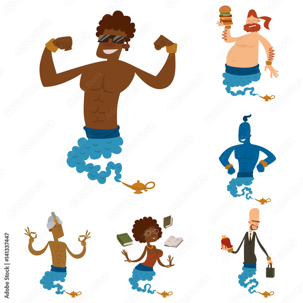 Cartoon genie character magic lamp vector illustration treasure aladdin ...