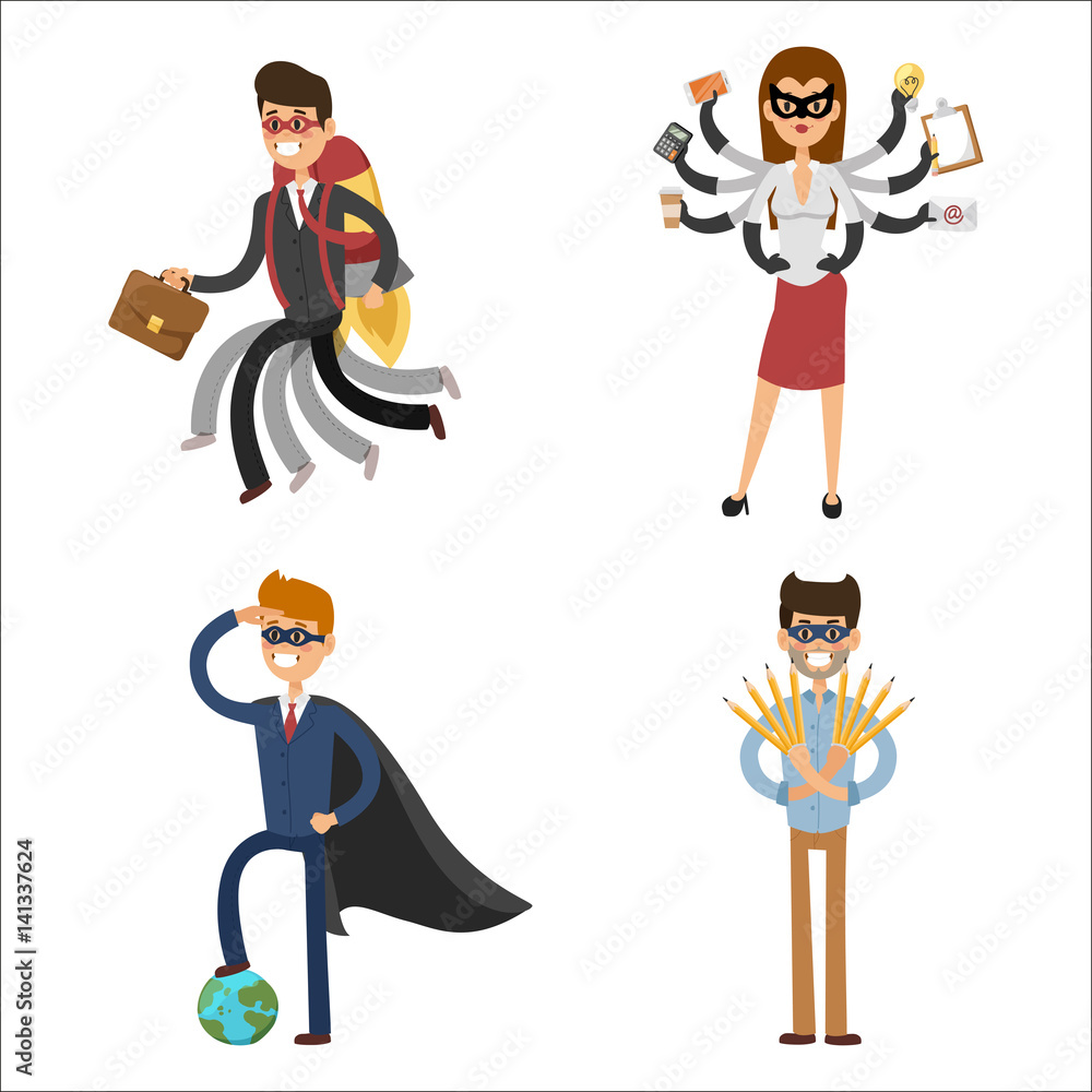 Superhero business man woman vector illustration set character success ...