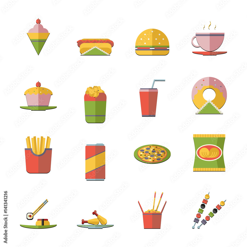 Retro Flat Fast Food Icons and Symbols Set Vector Illustration Stock ...