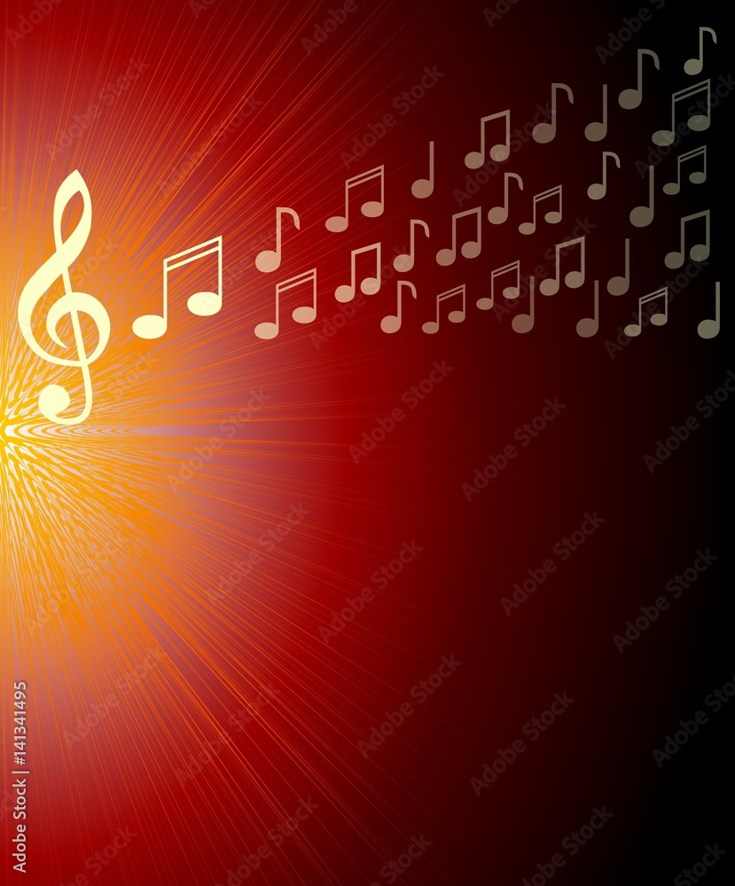 Musical background with treble clef and and notes on red rays area ...
