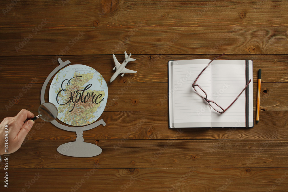 Explore and travel concept Globe concept Wood background Stock Photo ...