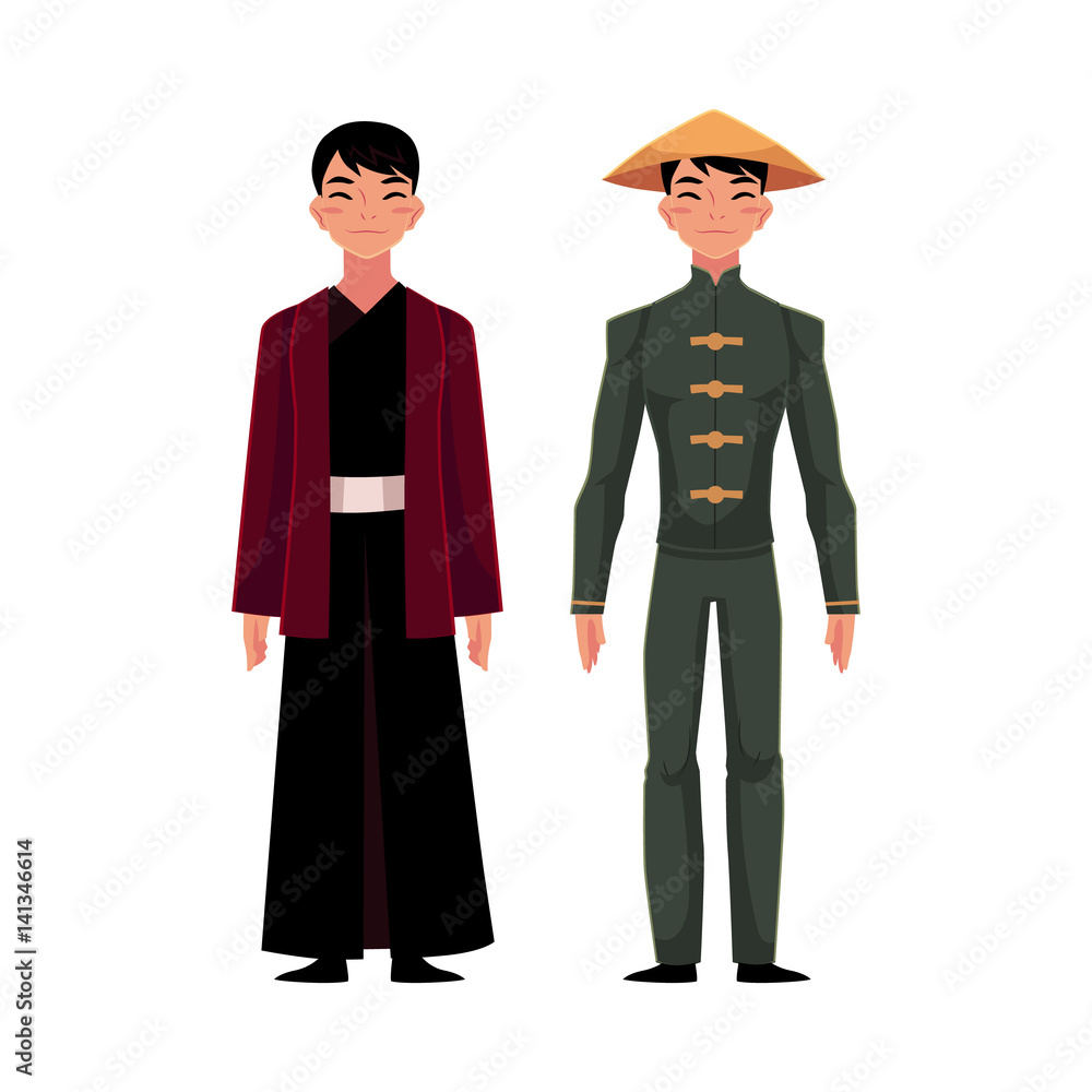 Chinese men in national costumes like long robe with jacket or buttoned ...